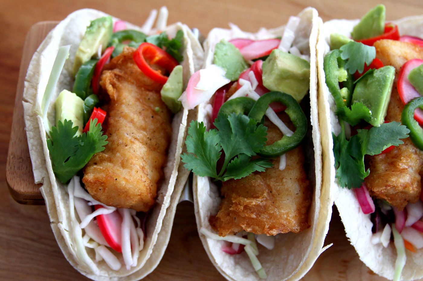 Fish Tacos with Quick Pickled Toppings, Cabbage, Avocado and Cilantro ...