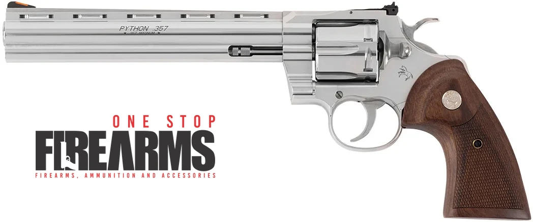 COLT PYTHON 8" 357 MAG STAINLESS WOOD GRIPS NIB - Revolvers at GunBroker.com : 1087587892
