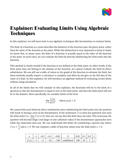 Lesson: Evaluating Limits Using Algebraic Techniques | Nagwa