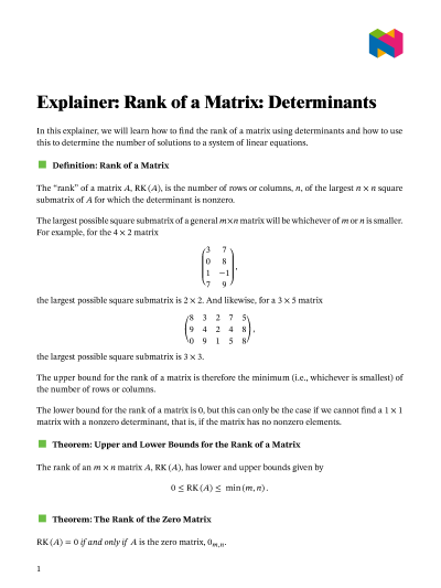 Lesson: Rank of a Matrix: Determinants | Nagwa