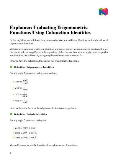 Lesson: Evaluating Trigonometric Functions Using Cofunction Identities | Nagwa