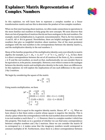 Lesson: Matrix Representation of Complex Numbers | Nagwa