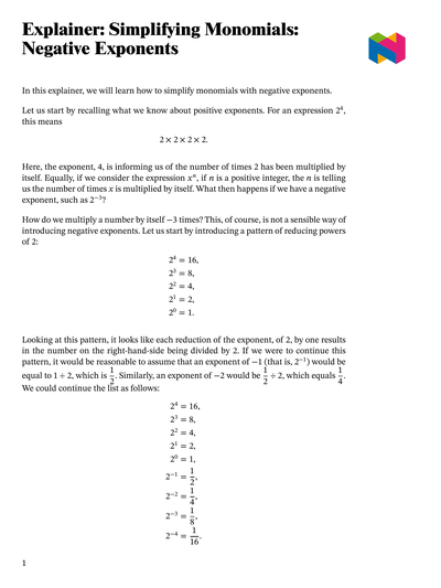 Lesson: Simplifying Monomials: Negative Exponents | Nagwa