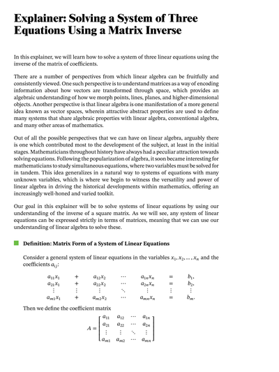 Lesson: Solving a System of Three Equations Using a Matrix Inverse | Nagwa