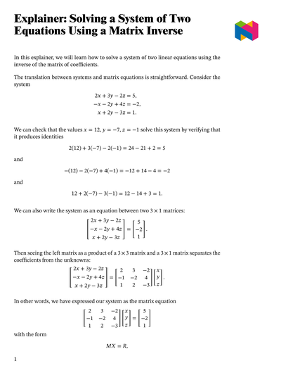 Lesson: Solving a System of Two Equations Using a Matrix Inverse | Nagwa