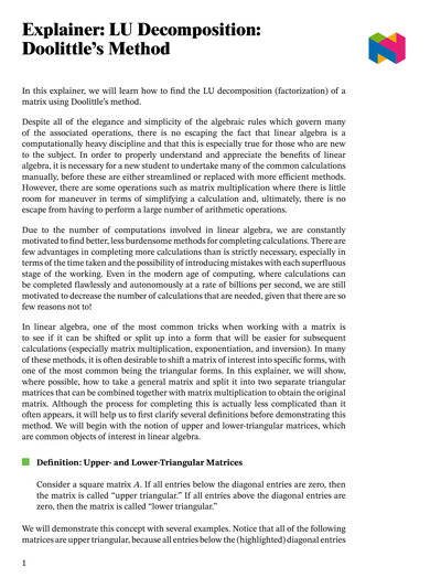 Lesson: LU Decomposition: Doolittle’s Method | Nagwa