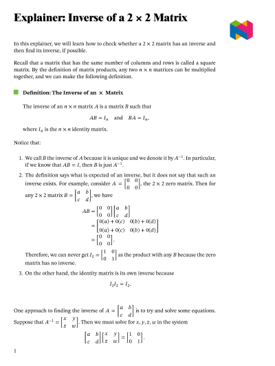 Lesson: Inverse of a 2x2 Matrix | Nagwa