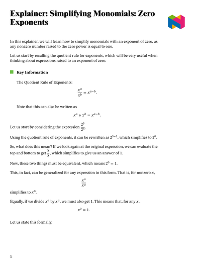 Lesson: Simplifying Monomials: Zero Exponents | Nagwa