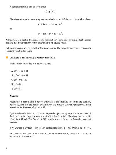 Lesson: Factoring Perfect-Square Trinomials | Nagwa