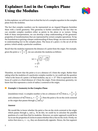 Lesson: Loci in the Complex Plane Using the Modulus | Nagwa
