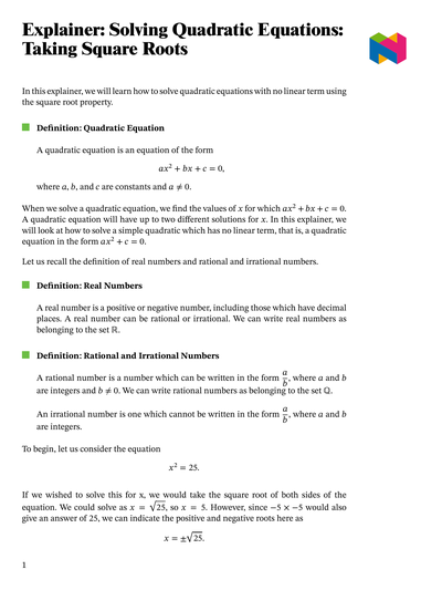 Lesson: Solving Quadratic Equations: Taking Square Roots | Nagwa
