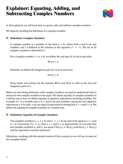 Lesson: Equating, Adding, and Subtracting Complex Numbers | Nagwa
