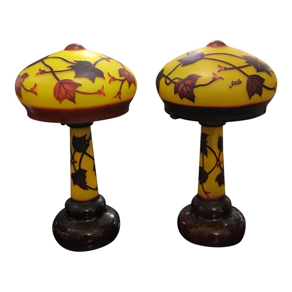 Reproduction Galle Style Etched Glass Table Lamps - A Pair - Design ...