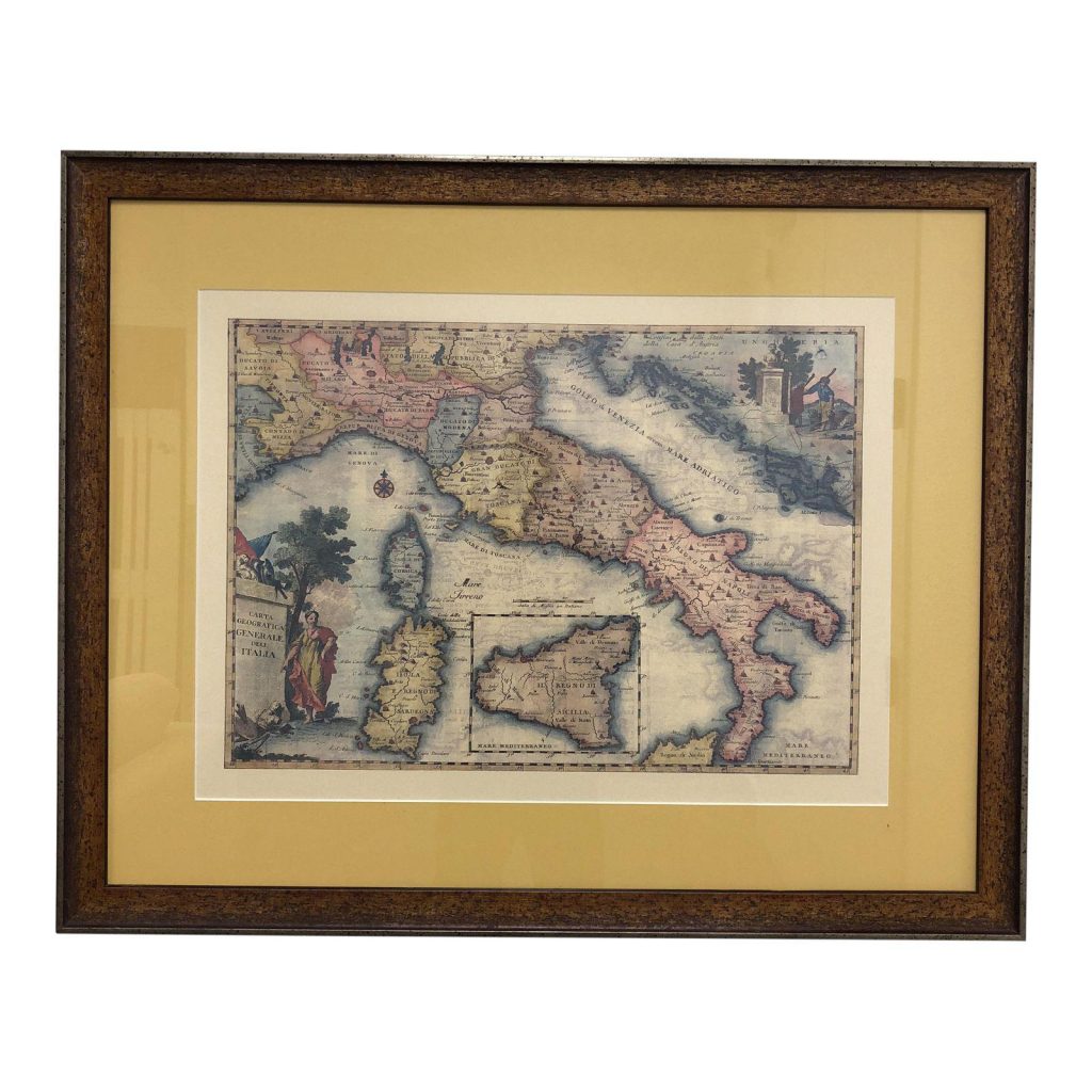 Custom Framed Lithograph of an Antique Map of Italy - Design Plus Gallery