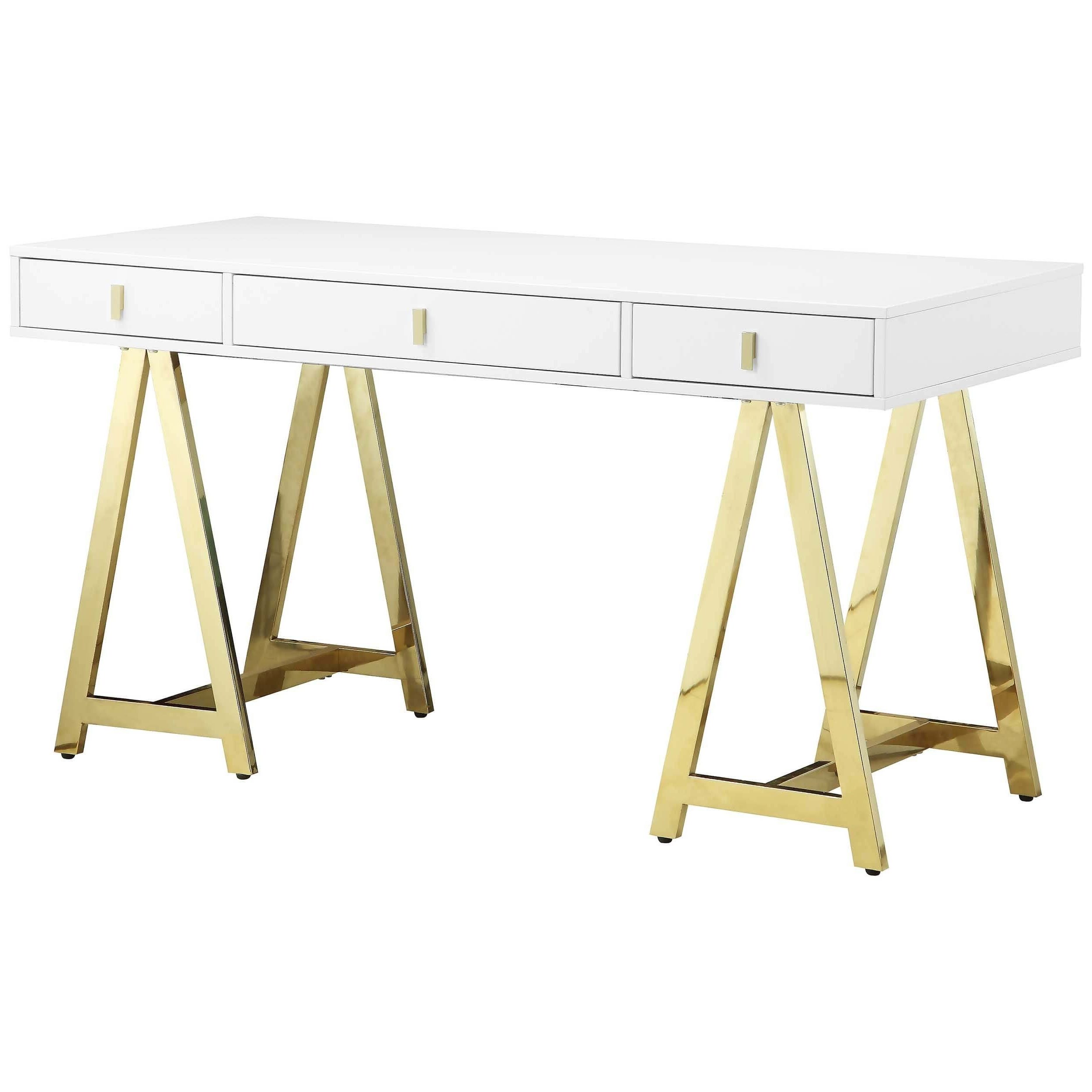 Riley White Gloss + Polished Gold Base Desk | Design Plus Gallery