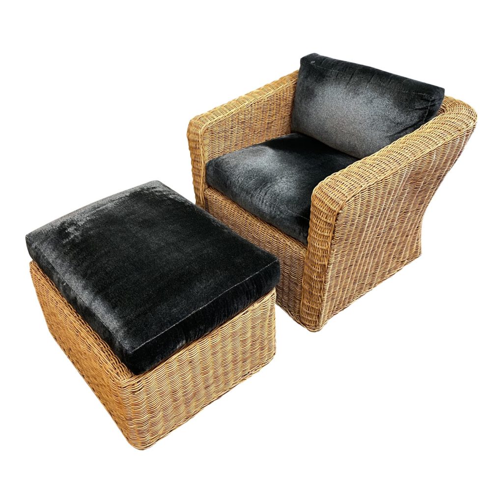 Ink Slate Blue Custom Upholstered Rattan Arm Chair + Ottoman - Design ...