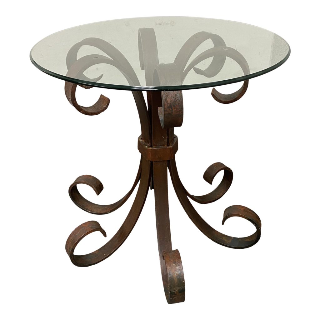 Late 20th Century Iron Scroll Base + Round Glass Top Side Table ...