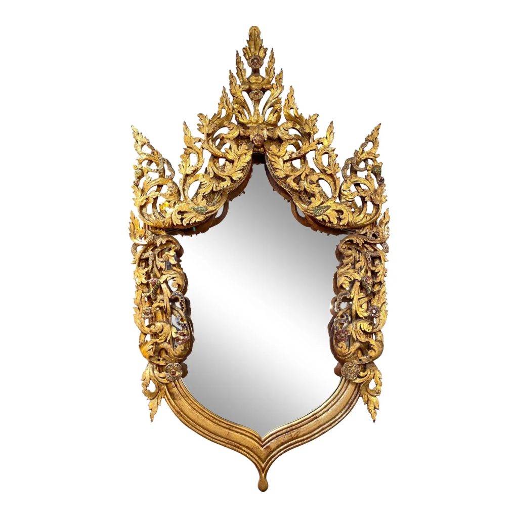 Mid 20th-Century Thai Carved Gilt + Inlay Wall Mirror - Design Plus Gallery