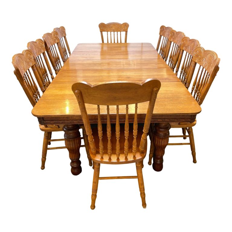 Antique Oak Dining Table + 10 Press Back Chairs - Design Plus Gallery