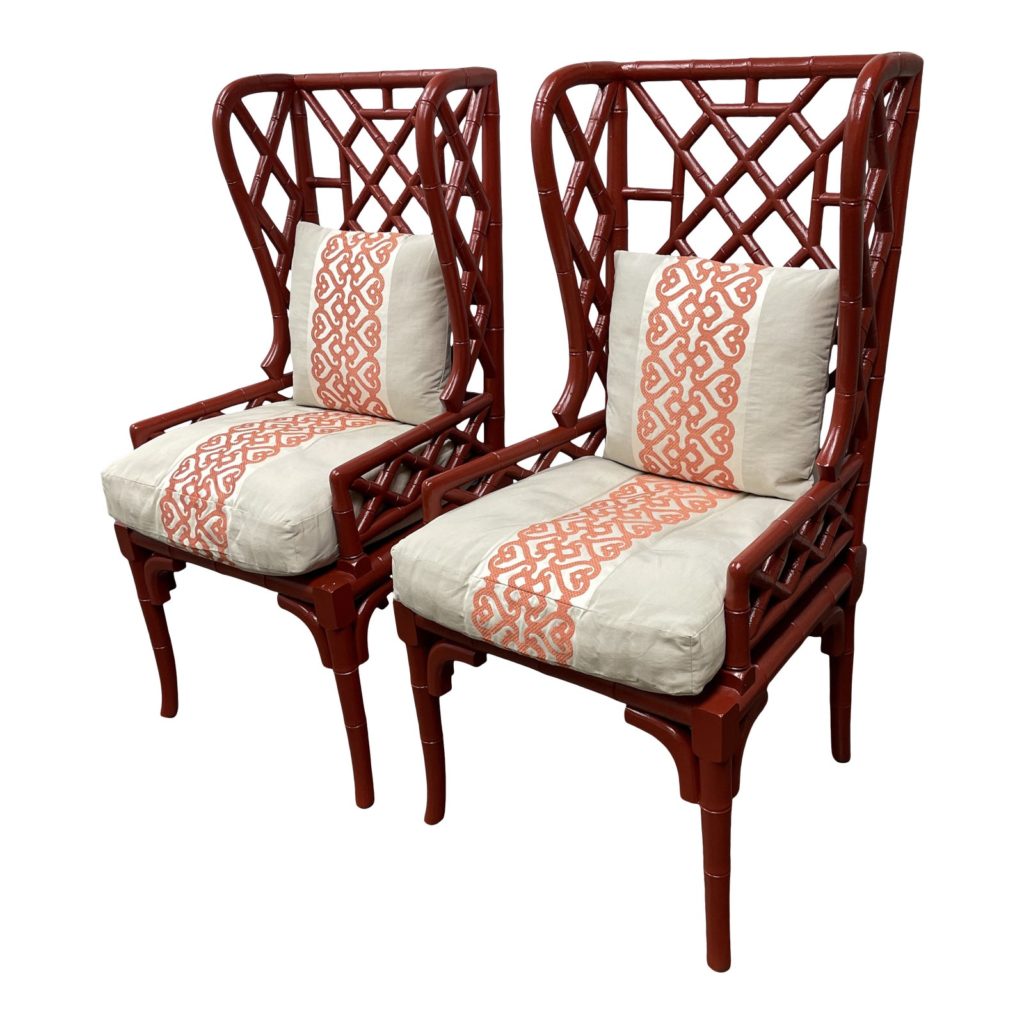 Guild Master Chinoiserie Terracotta Red Bamboo Wingback Chairs, Pair ...