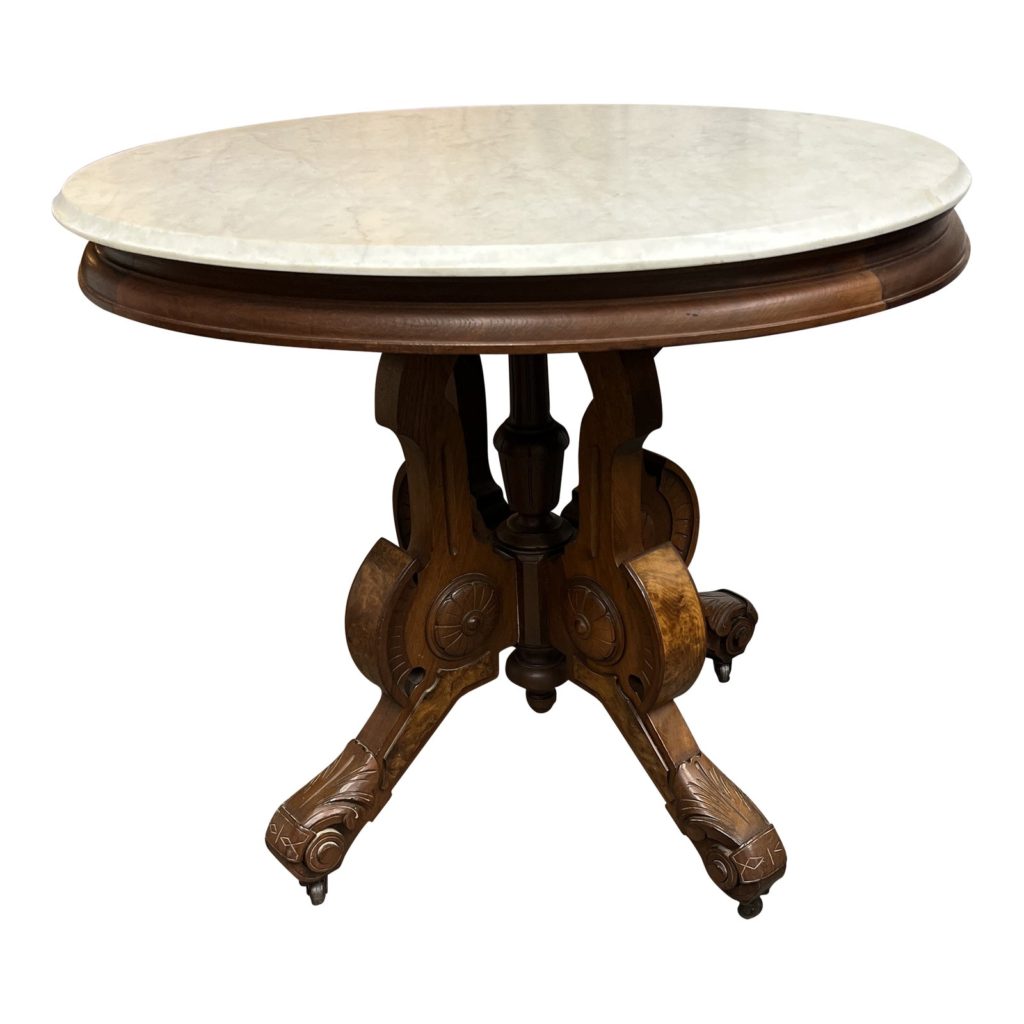 Antique Oval Marble Wood Table + Casters | Design Plus Gallery