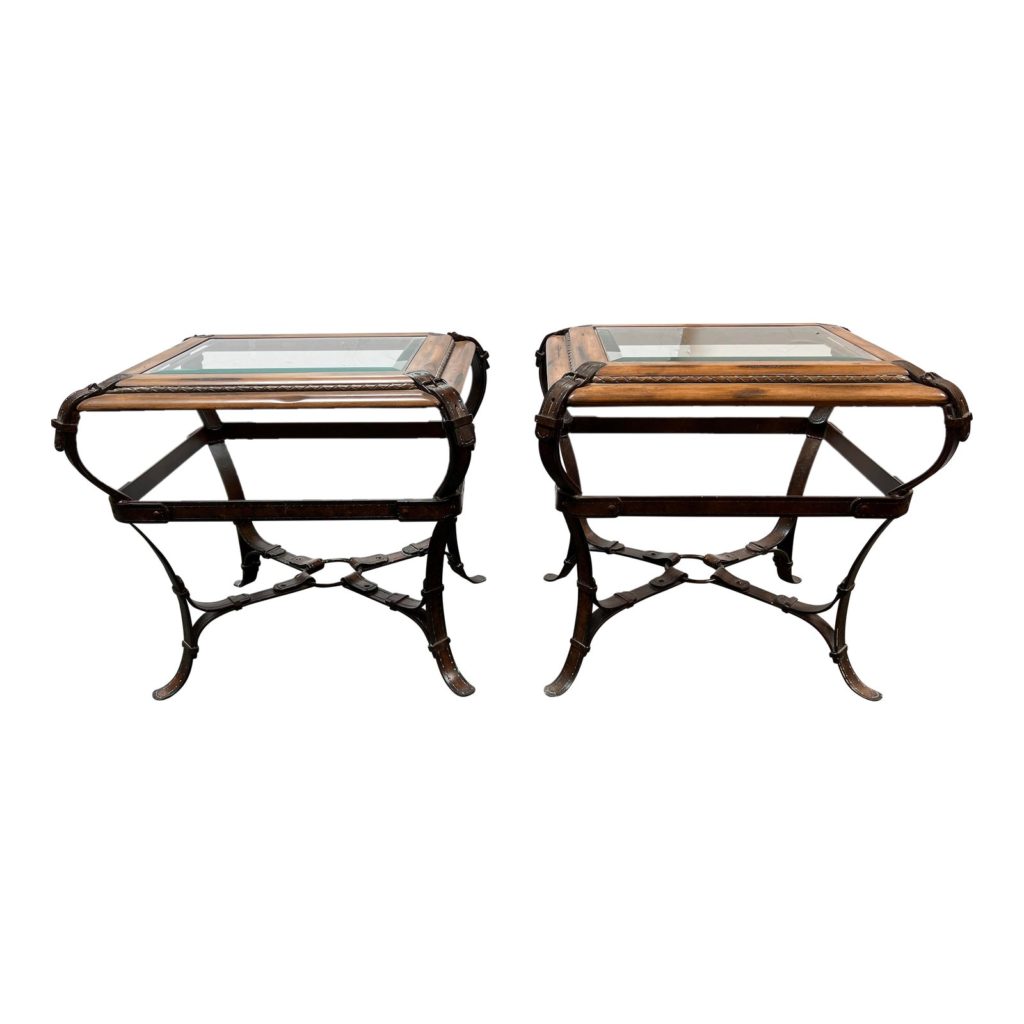 Saddle Strap Wood + Iron + Glass Side Tables, a Pair - Design Plus Gallery