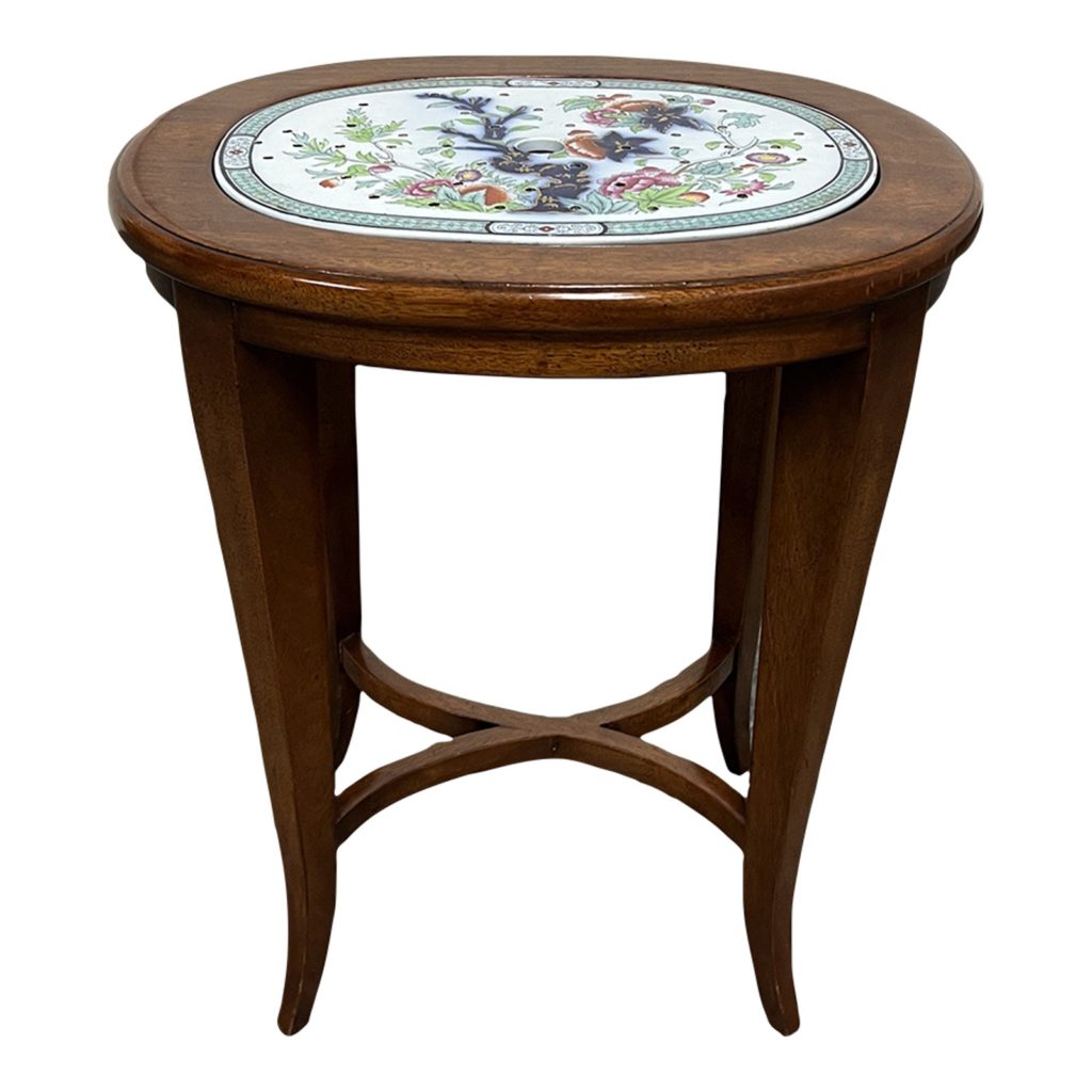 Traditional Ceramic Top Inlayed Wood Oval Side Table - Design Plus Gallery