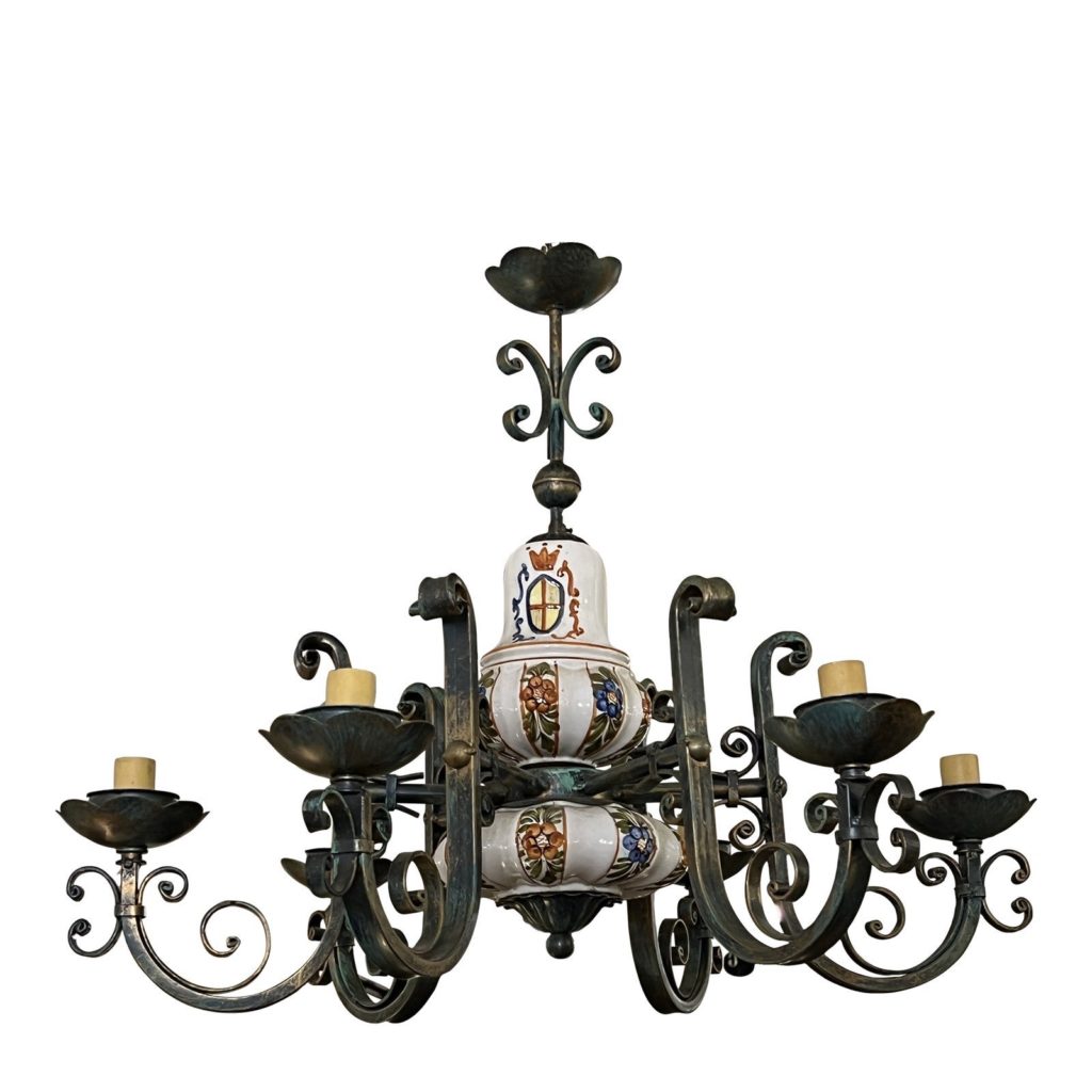 Vintage Italian 6 Light Ceramic + Iron Chandelier | Design Plus Gallery