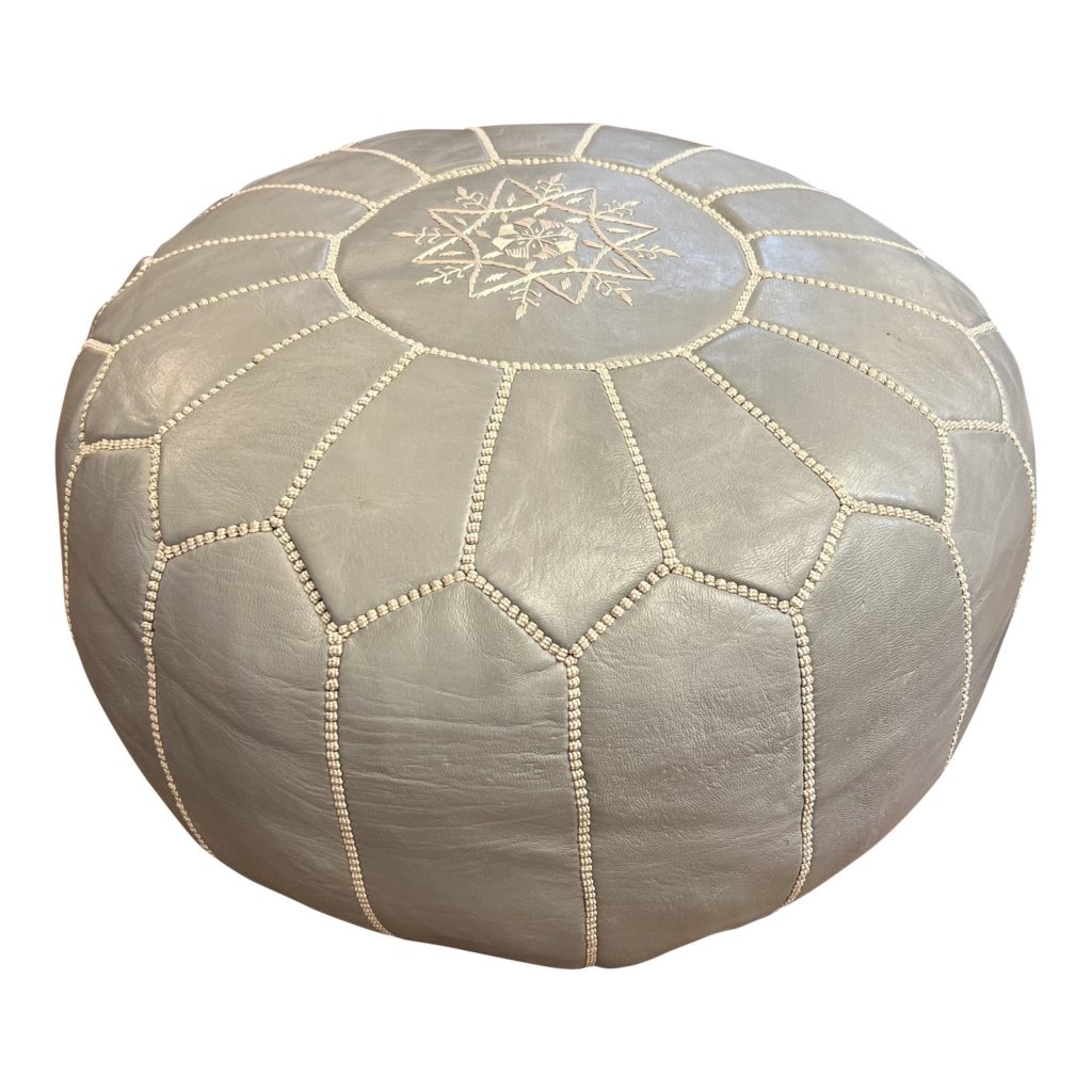 Mid-Century Style Round Gray Leather Pouffe - Design Plus Gallery