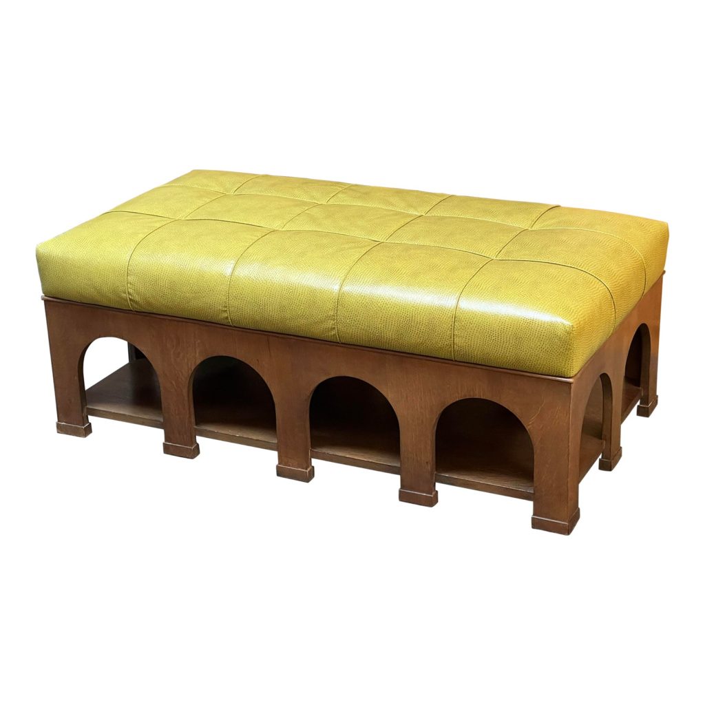 Richard Andronaco Custom Green Leather Ottoman + Arched Wood Base ...