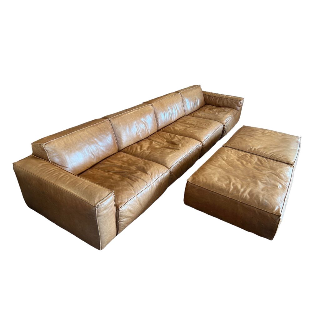 Restoration Hardware Como Leather Four Piece Modular Sectional/Sofa + Two Ottomans. Original ...
