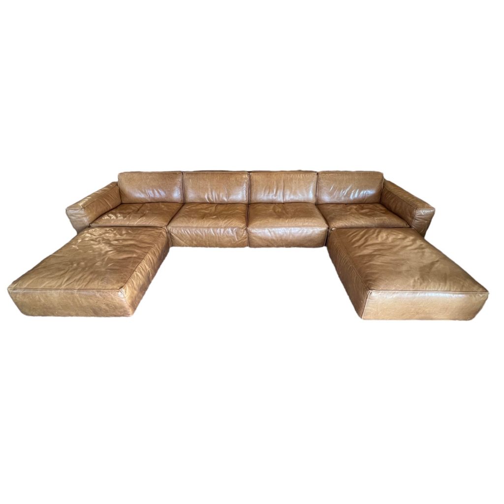 Restoration Hardware Como Leather Four Piece Modular Sofa /Sectional + Two Ottomans. Original ...
