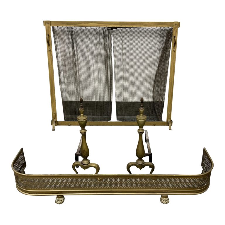 Vintage Fireplace Screen, Gate + Andiron Set - Design Plus Gallery