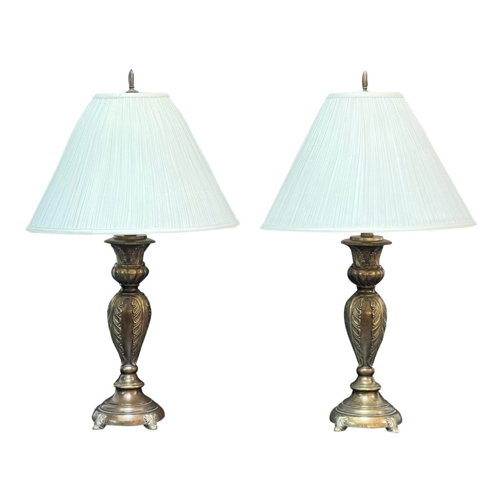 Traditional Metallic Leaf Motif Table Lamps, a Pair - Design Plus Gallery
