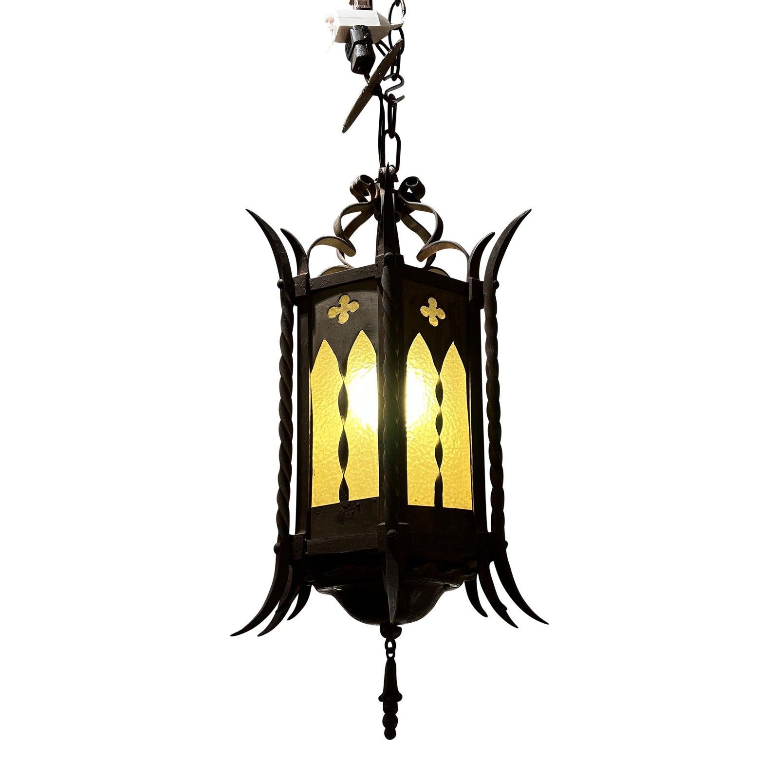 Mid 20th Century Gothic Spanish Iron + Glass Pendant - Design Plus Gallery
