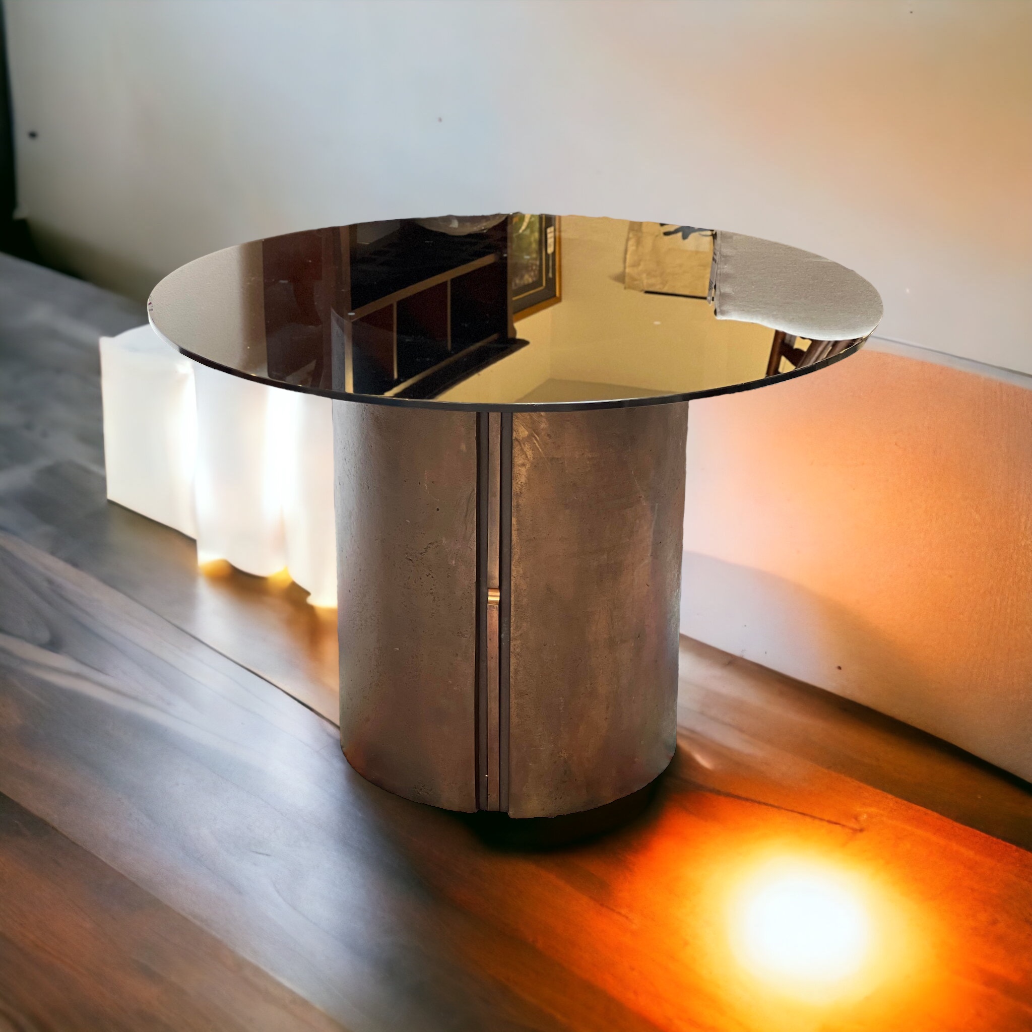 Custom Design Corten Steel Pedestal Dining Table + Smoked Glass Top ...