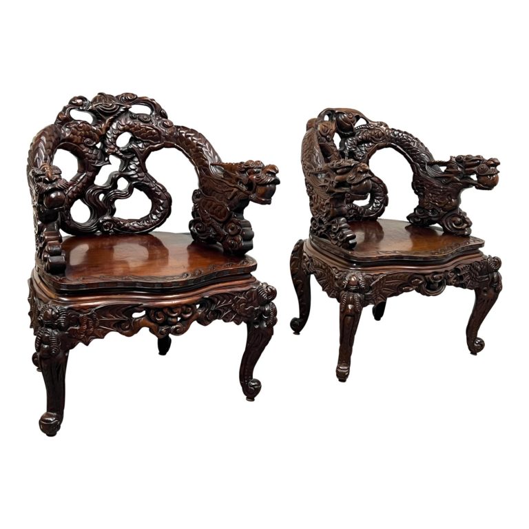 Antique Hand Carved Dragon Chairs, a Pair - Design Plus Gallery