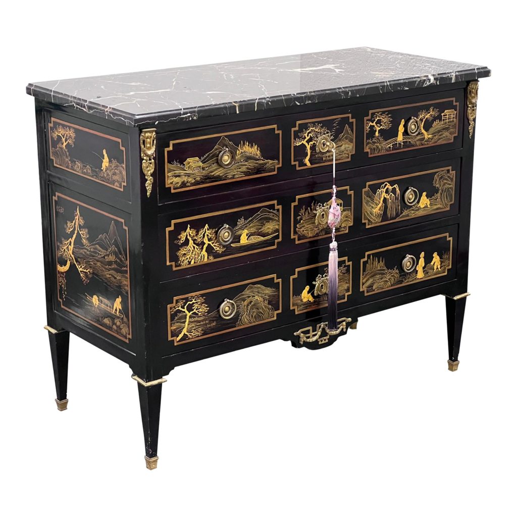 Vintage Chinoiserie Black Lacquer Marble Top Three Drawer Dresser ...
