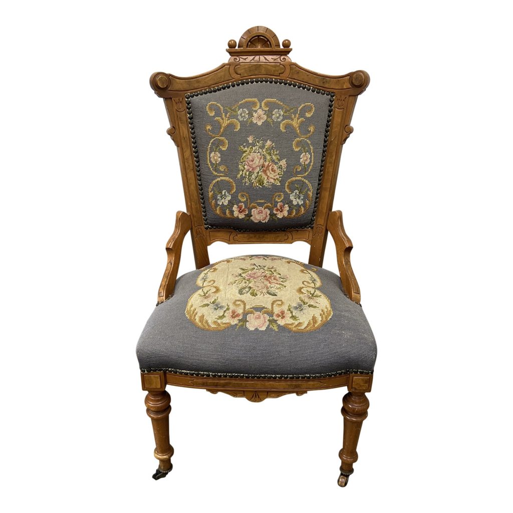 Antique Victorian Needlepoint + Wood Carved Chair - Design Plus Gallery