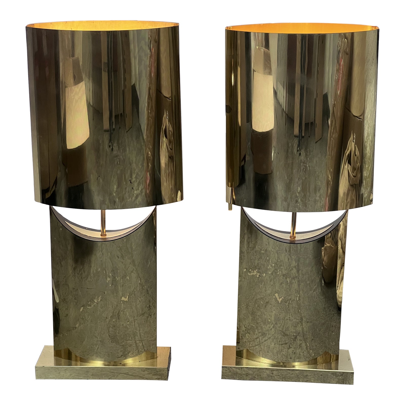 1996 Curtis Jere Monumental Brass Lamps, a Pair - Design Plus Gallery