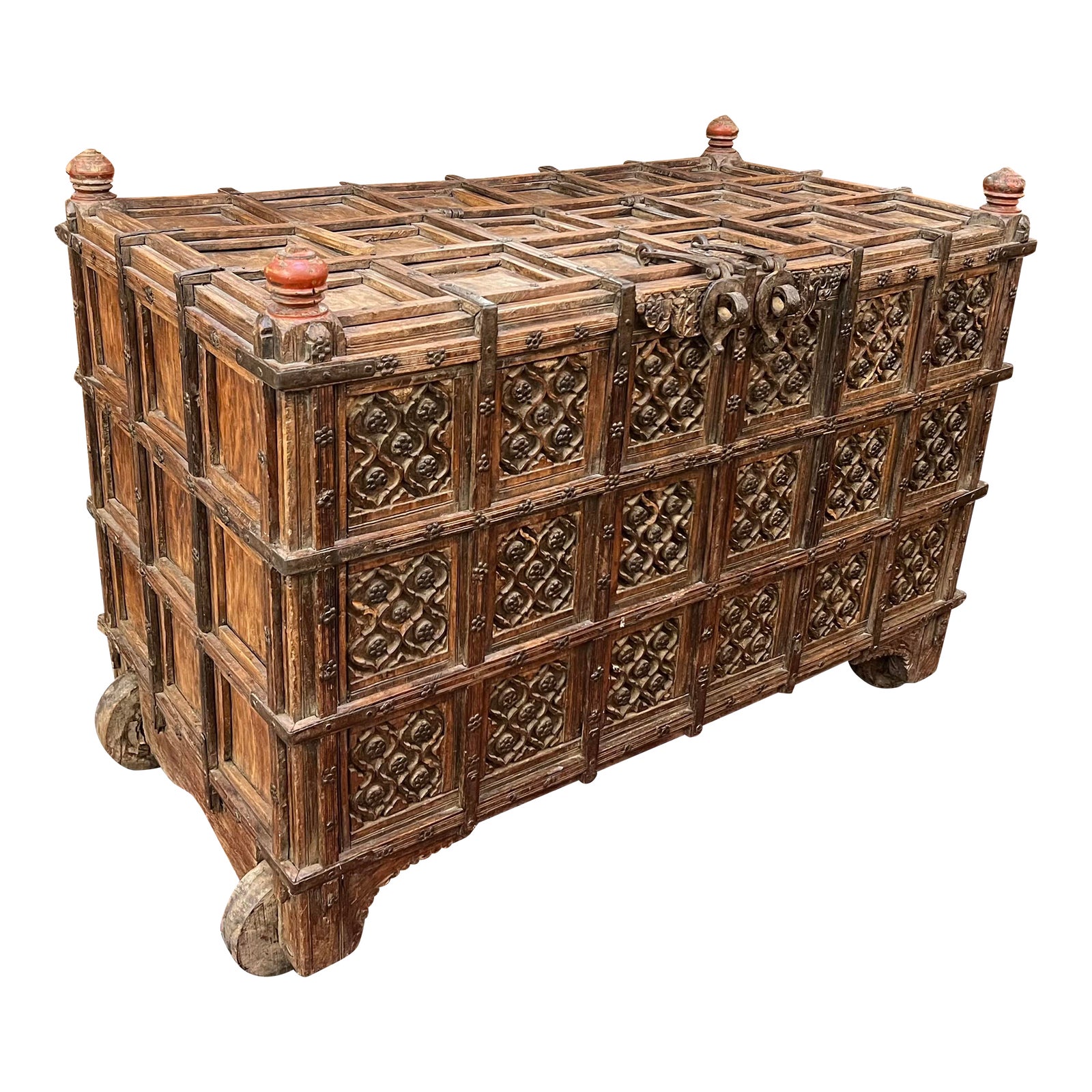 antique-indian-hand-carved-trunk-on-wheels-0904 - Design Plus Gallery