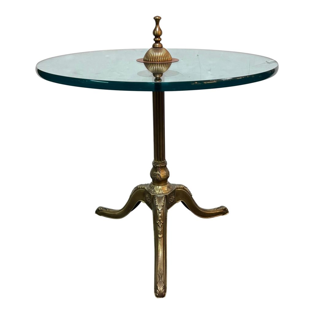 Vintage Cast Brass Three Leg + Glass Top Side Table - Design Plus Gallery