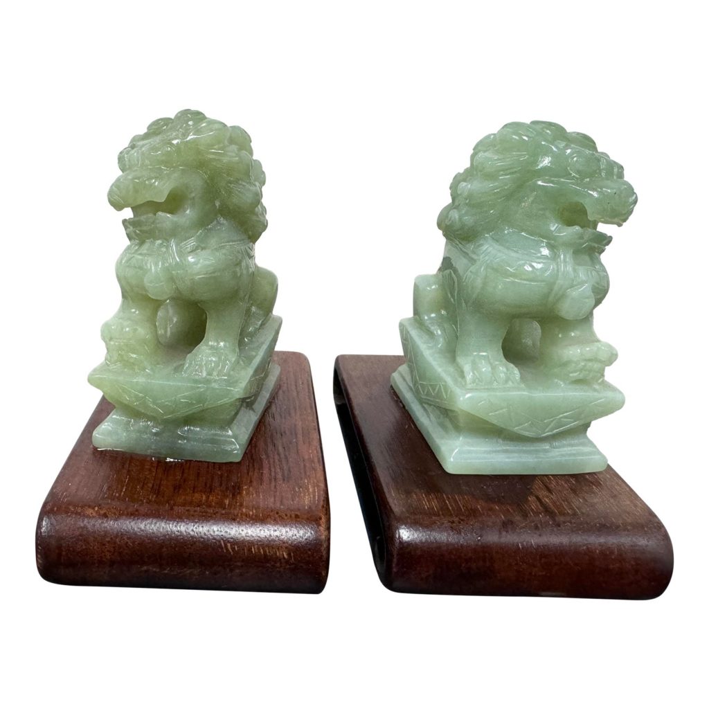 Vintage Green Jade Carved Fu Dogs + Stands | Design Plus Gallery