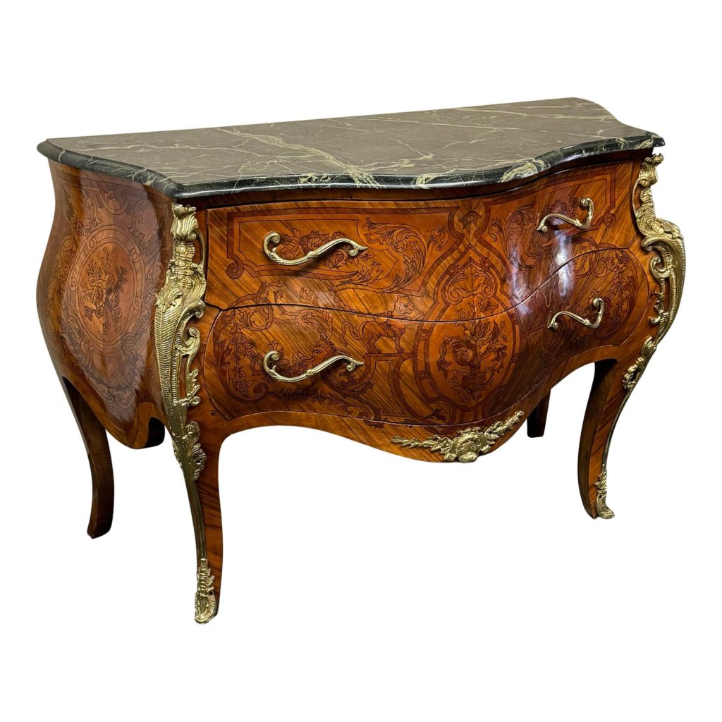 Antique Marble Top Inlaid Bombe Chest - Design Plus Gallery