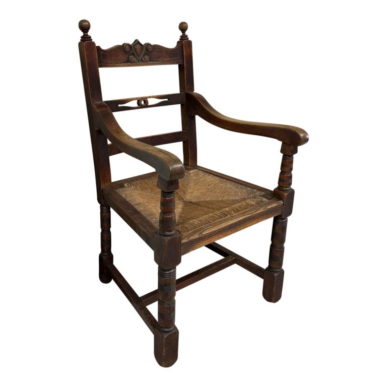 Antique European Carved Wood + Rush Arm Chair - Design Plus Gallery