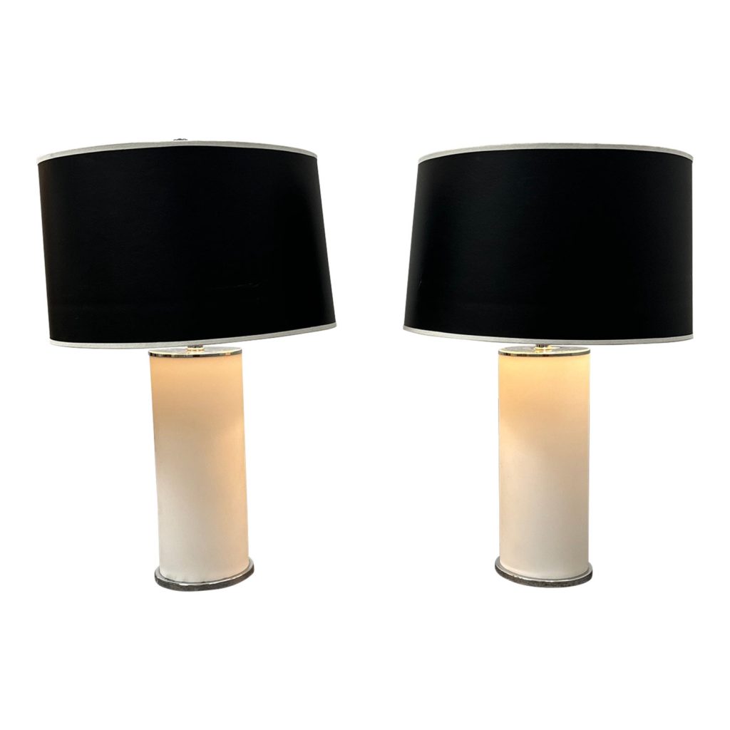 White Column Table Lamps + Black Shades, Pair - Design Plus Gallery
