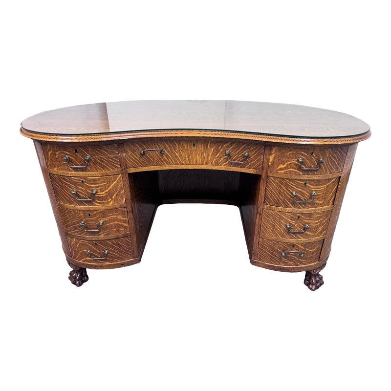 Antique Quarter Sawn Tiger Oak Wood Kidney Desk - Design Plus Gallery