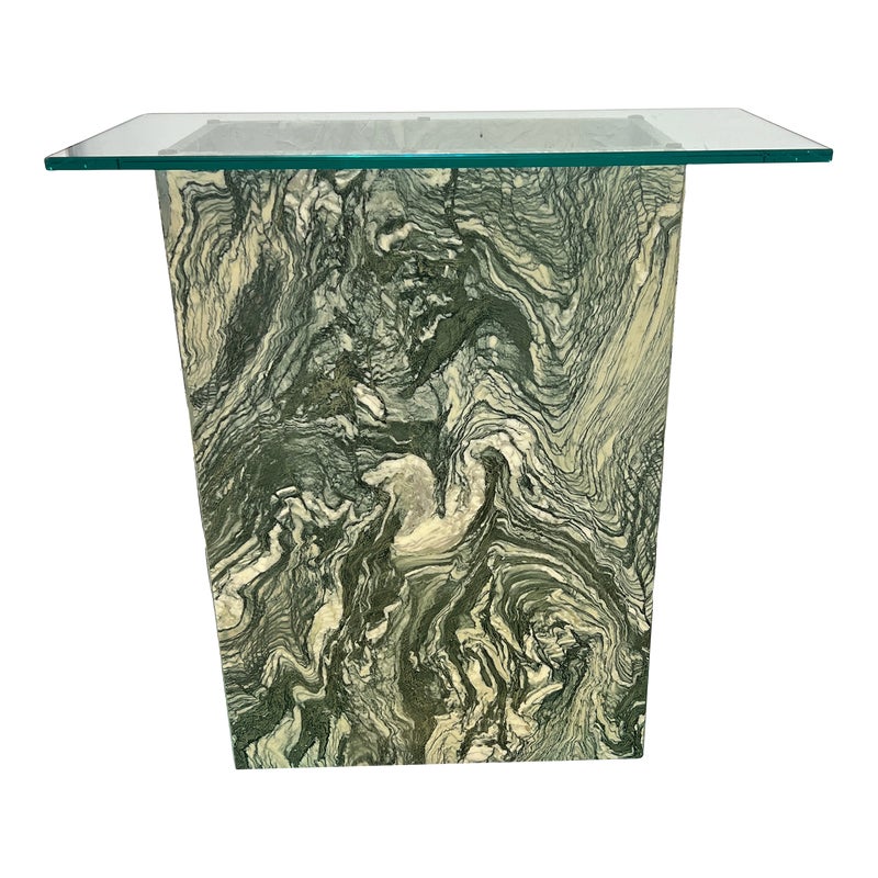 Green Marble Base + Tempered Glass Surface Side Table - Design Plus Gallery