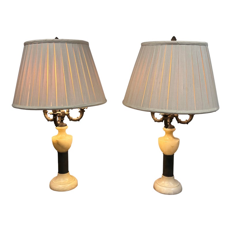 Vintage Alabaster + Bronze Finish Table Lamps, Pair - Design Plus Gallery