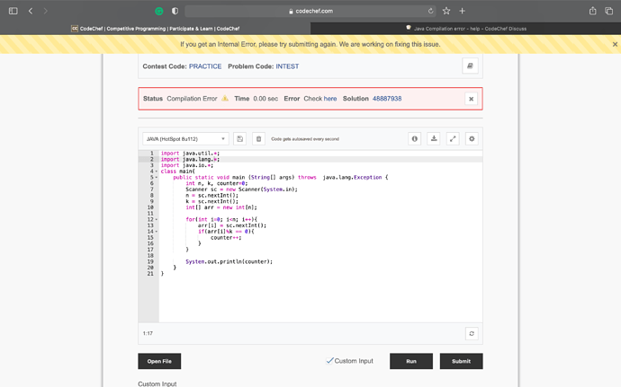 Java Compilation error - help - CodeChef Discuss